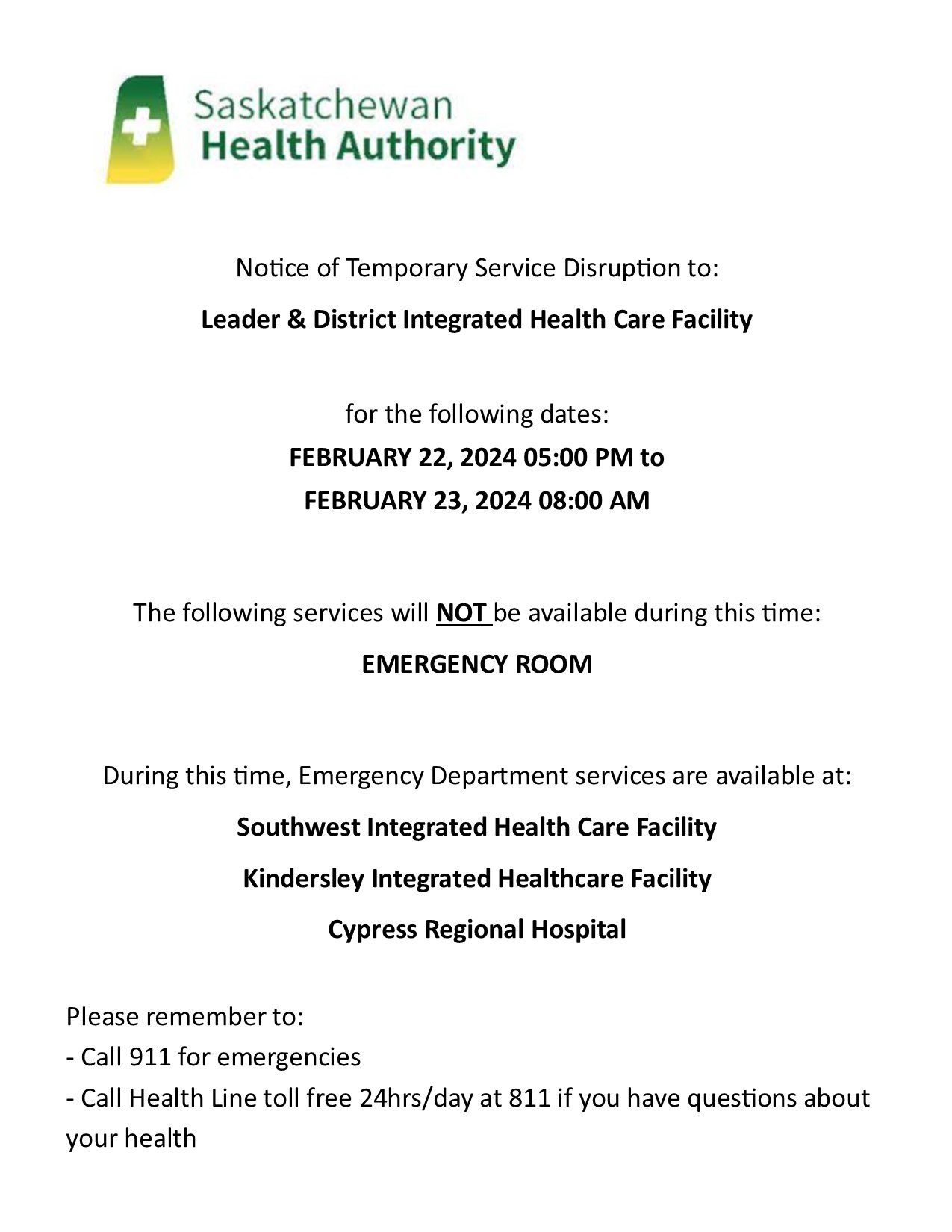 Emergency Room Disruption of Service - Town of Leader