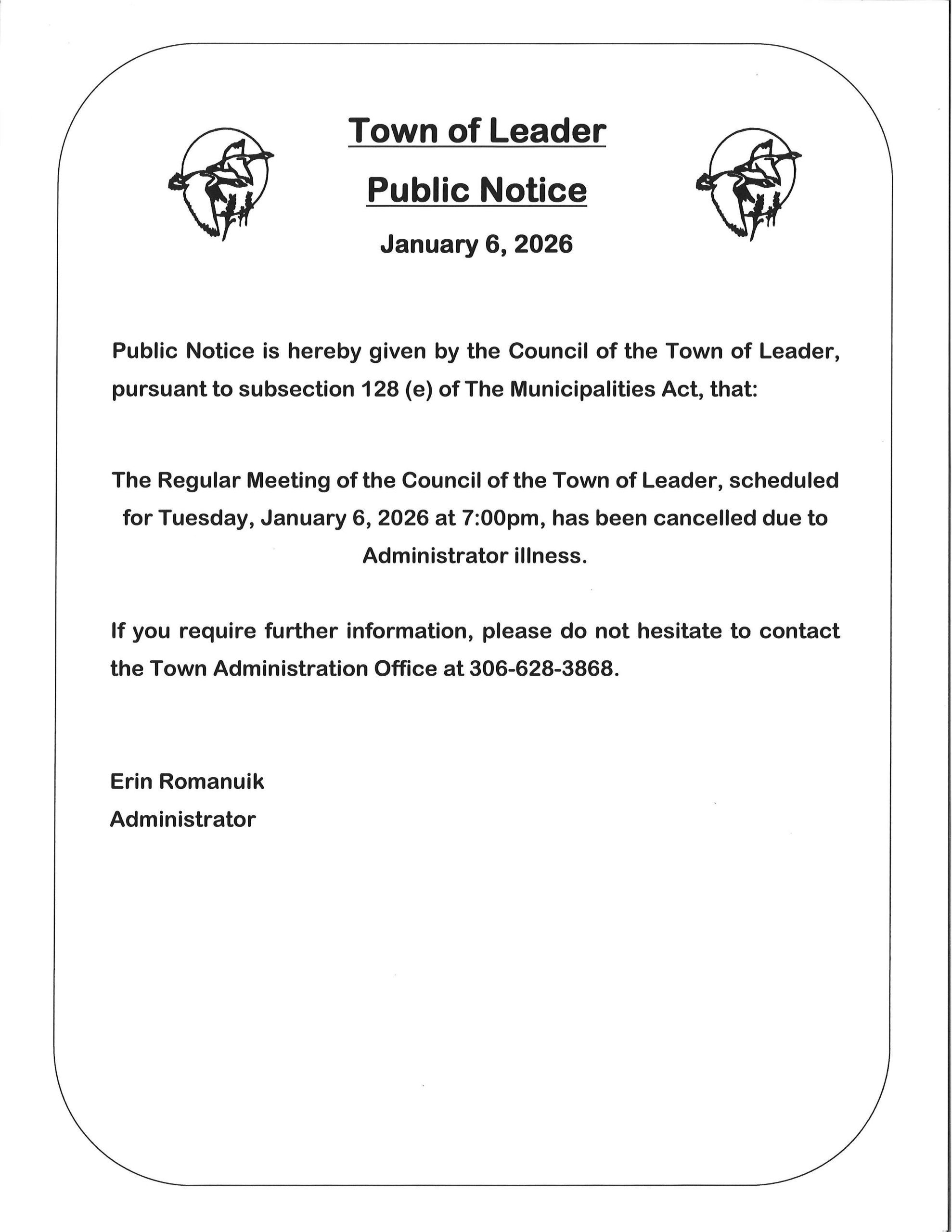 Cancellation of January 6, 2026 Council Meeting - Town of Leader